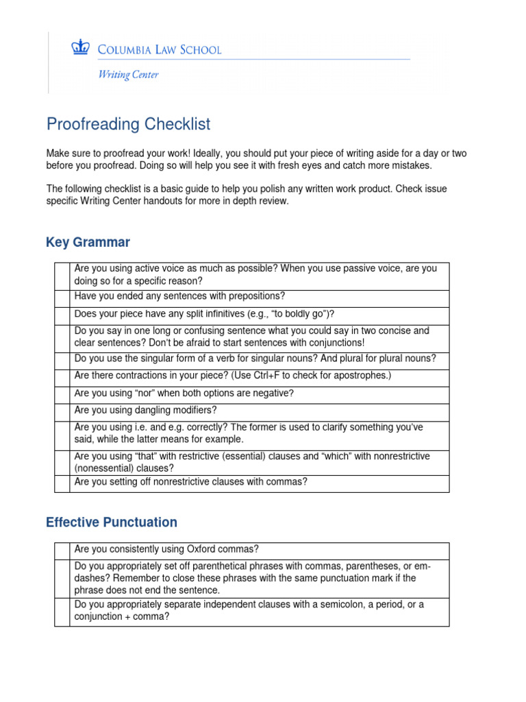 WC Handout Proofreading Checklist - Revised 5.22 | PDF | Comma | Punctuation