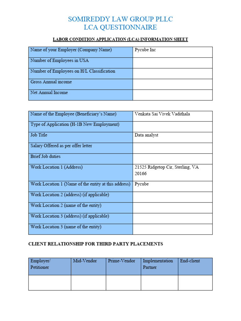 LCA Questionnaire CAP - Somireddy Law Group PLLC.. | PDF