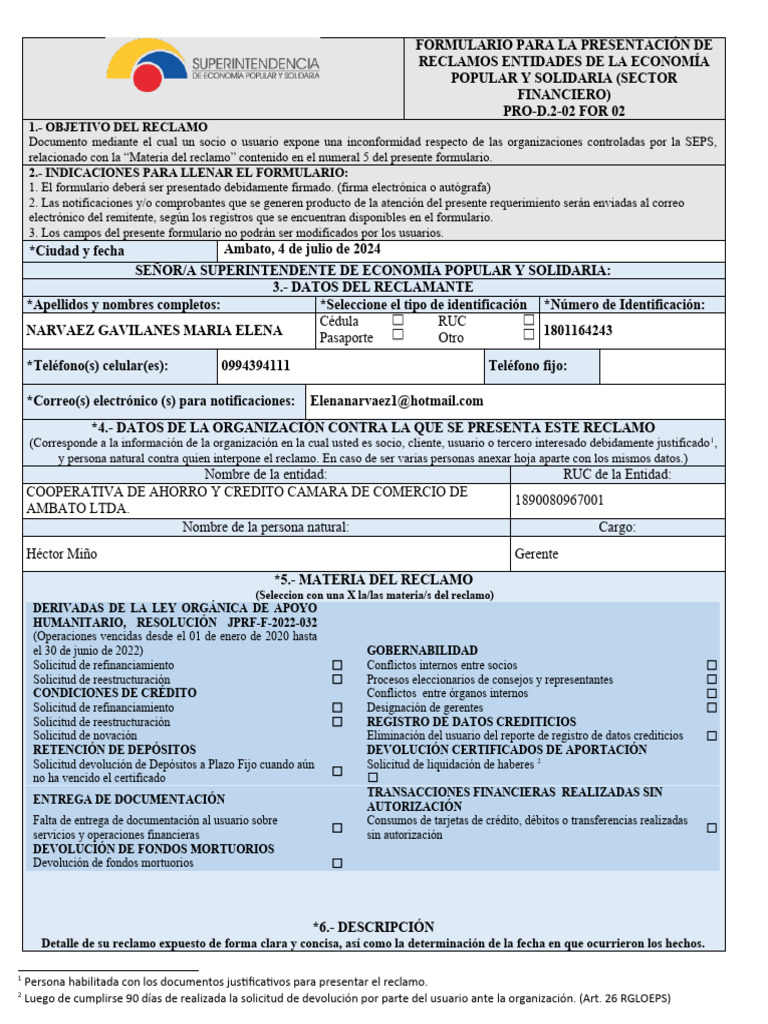 FOR 02 Formulario para La Presentacion de Reclamos Entidades de La EPS. v.11052023 ...