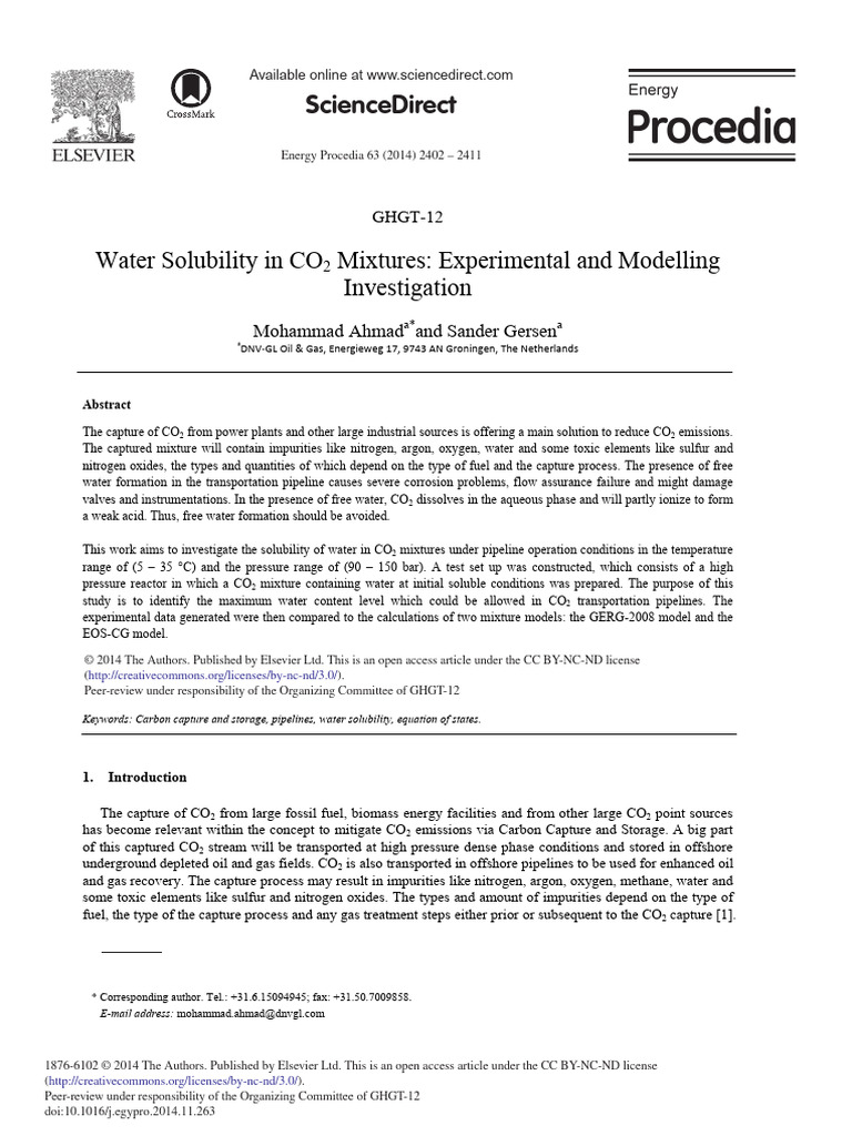 Water Solubility CO2 Mixtures 2014 | PDF | Solubility | Carbon Dioxide