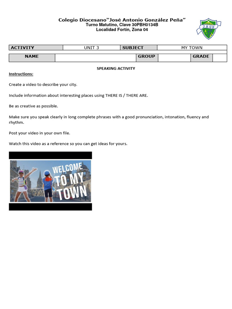 1st PARTIAL SPEAKING ACTIVITY - MY TOWN - UNIT 3 | PDF