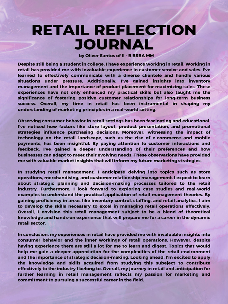 Retail Reflection Journal | PDF | Retail | Marketing