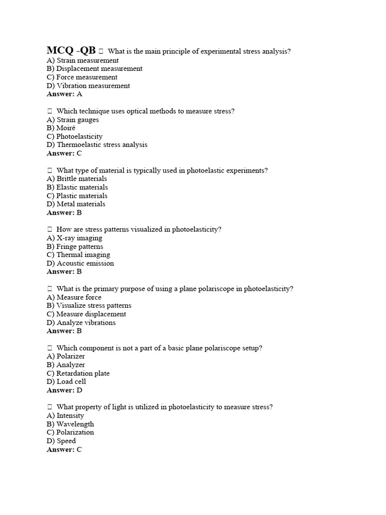 Experimental stress Analysis_MCQ_QB | PDF | Stress (Mechanics ... Experimental stress Analysis_MCQ_QB | PDF | Stress (Mechanics ...