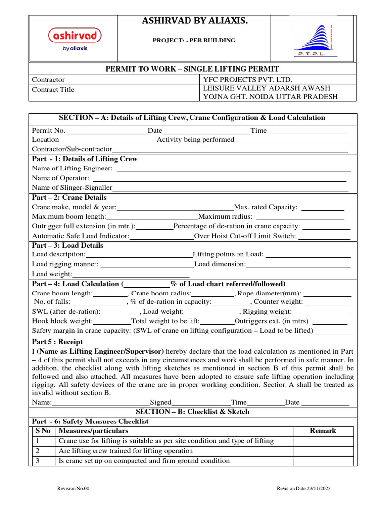 Lifting Permit PTPL Ashirvad | PDF | Crane (Machine) | Manufactured Goods