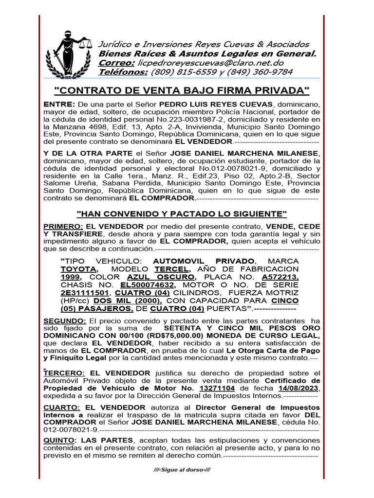 Contrato de Venta Bajo Firma Privada Pedro Reyes y Jose Daniel Marchena ...