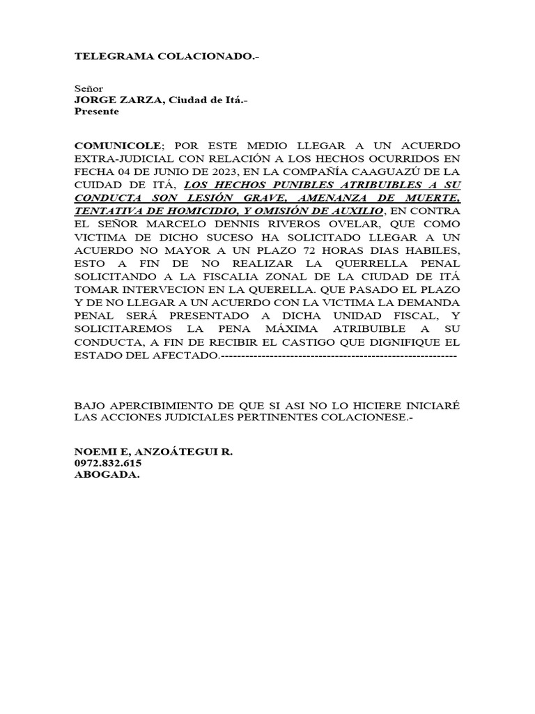 TELEGRAMA COLACIONADO MARCELO DENNIS | PDF