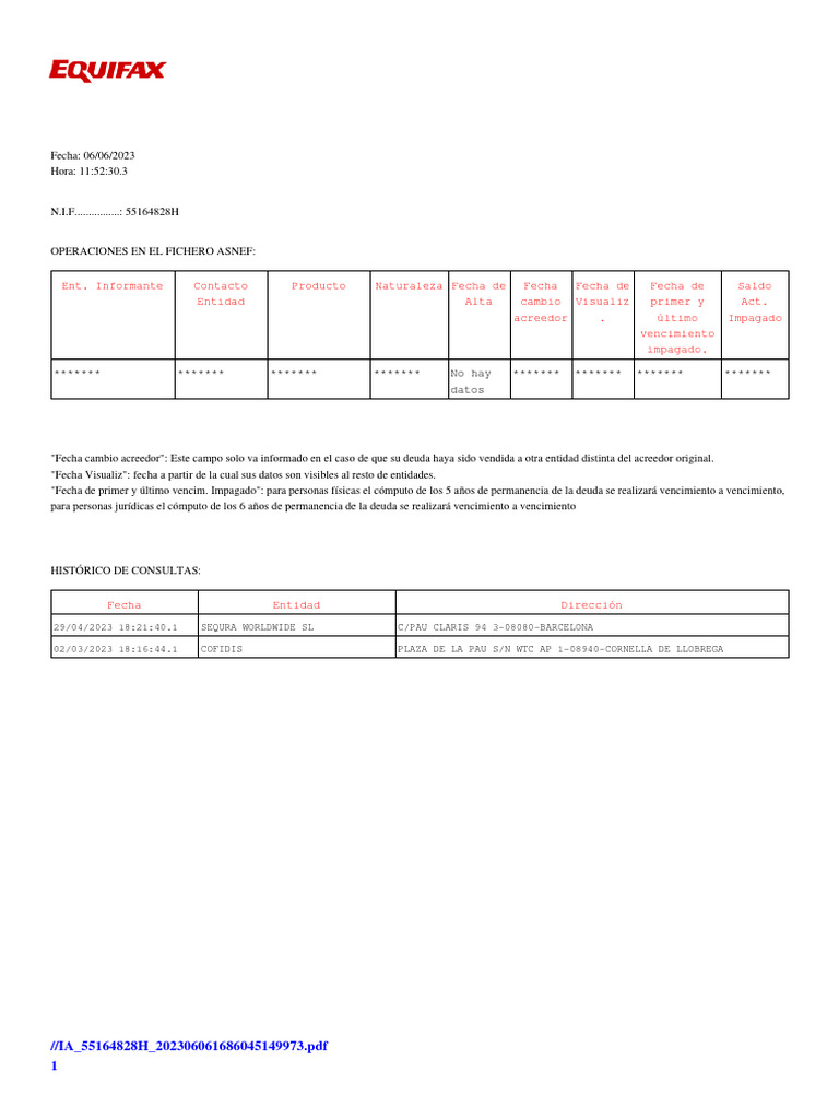 Equifax Datos FicherosGenerados Temporales Expediente TMP 2023-128645 | PDF