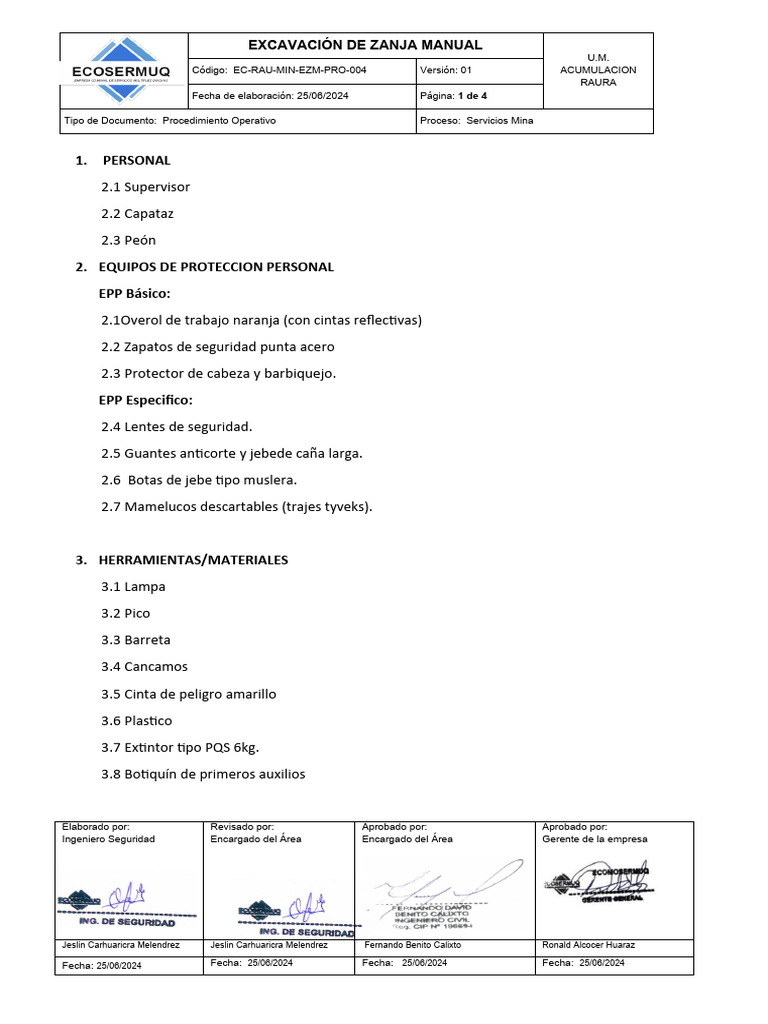 Ec-Rau-Min-Ezm-Pro-004 Excavación de Zanja Manual | PDF