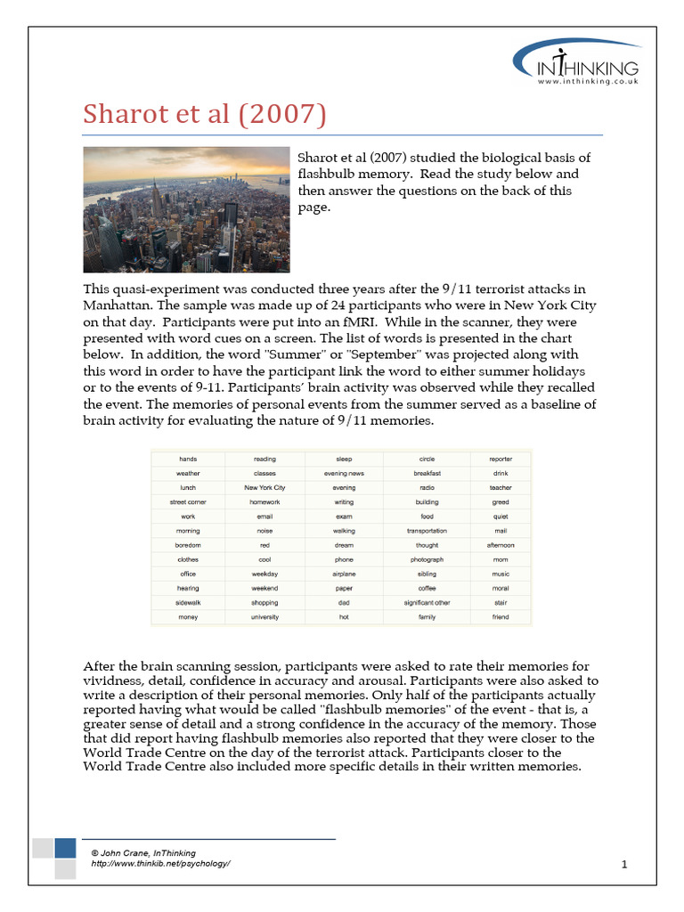 Sharot Worksheet | PDF | Memory | Psychology