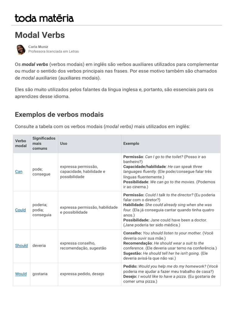 Modal Verbs - Verbos Modais em Inglês - Toda Matéria | PDF | Mecânica ...