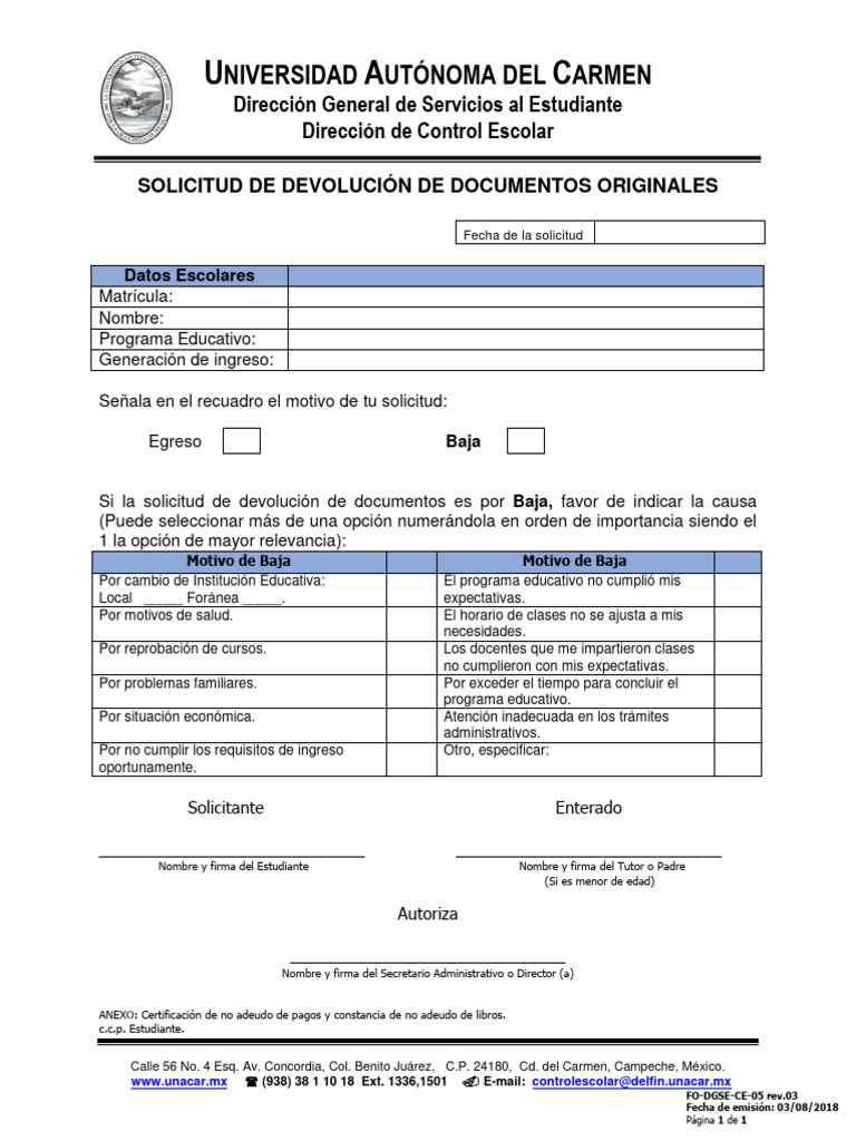 FO DGSE CE 05 Rev 03 Solicitud de Devolucion de Documentos Vigente2019 | PDF