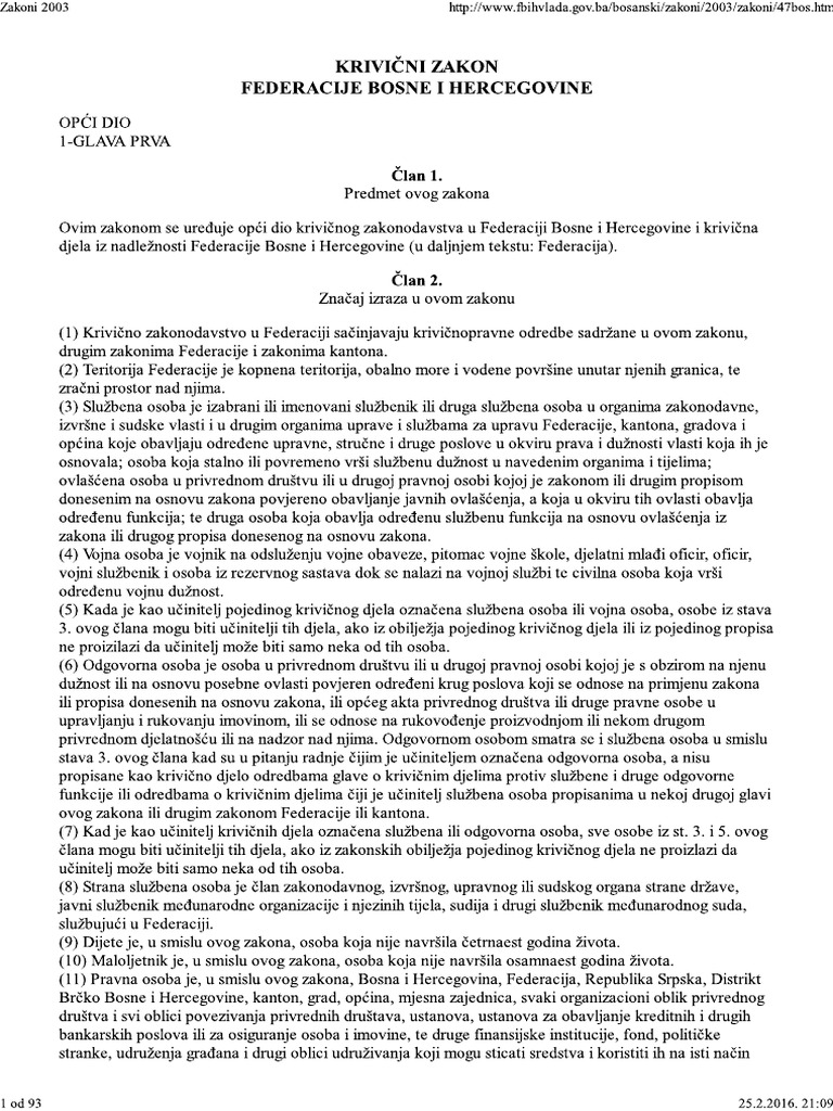 B Krivicni Zakon FBiH | PDF