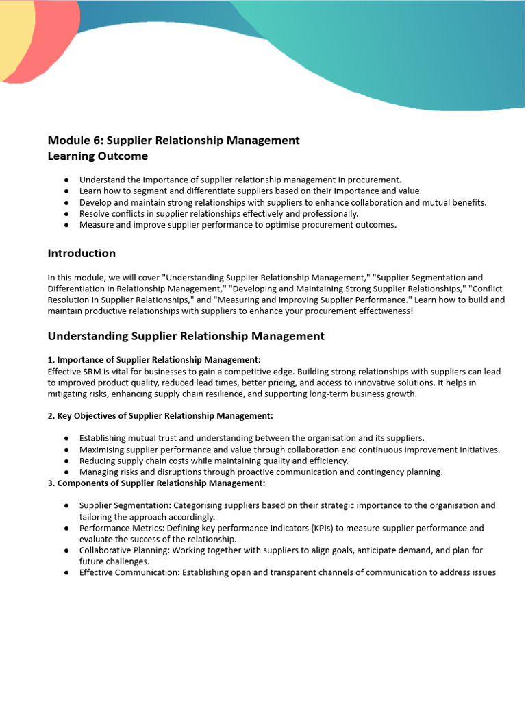 Module 6: Supplier Relationship Management Learning Outcome | PDF ...