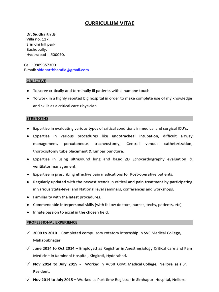 DR - Siddharth CV | PDF | Intensive Care Medicine | Health Care