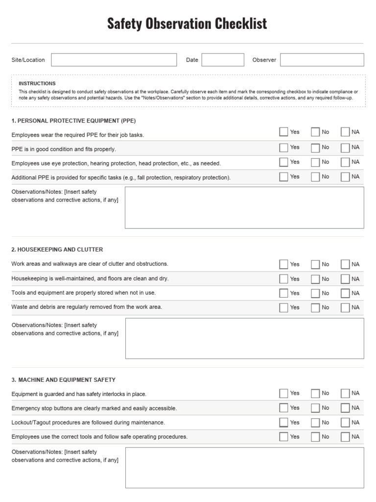 Safety Observation Checklist | PDF | Personal Protective Equipment ...