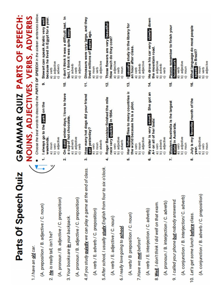 Parts of Speech Review | PDF