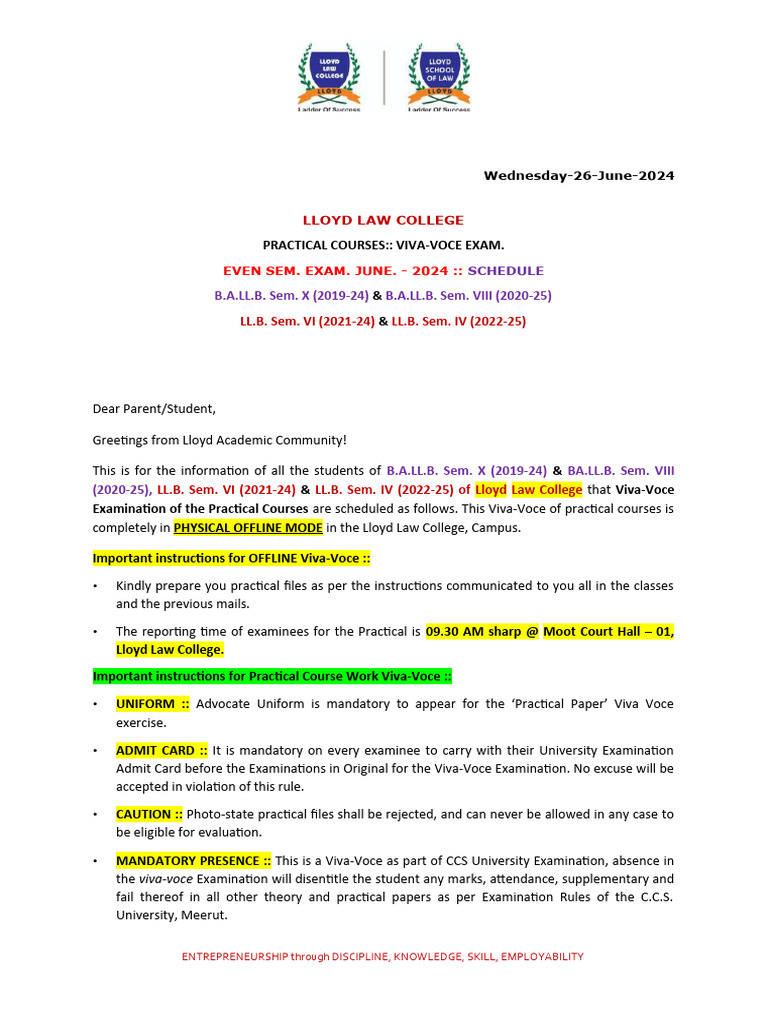 Viva-Voce Exam. - Practical - LLC June 2024 | PDF | Justice | Crime & Violence