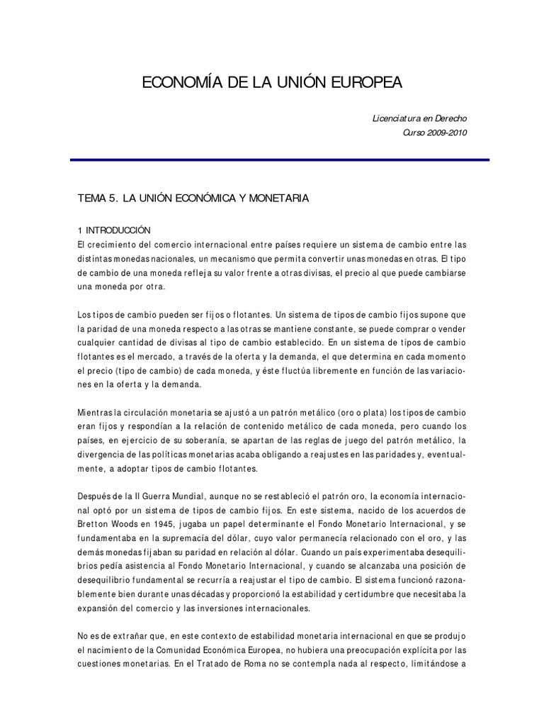 Tema 5 Eca UE Union Monetaria 2010 | PDF | Banco central europeo | Unión Económica Y Monetaria ...