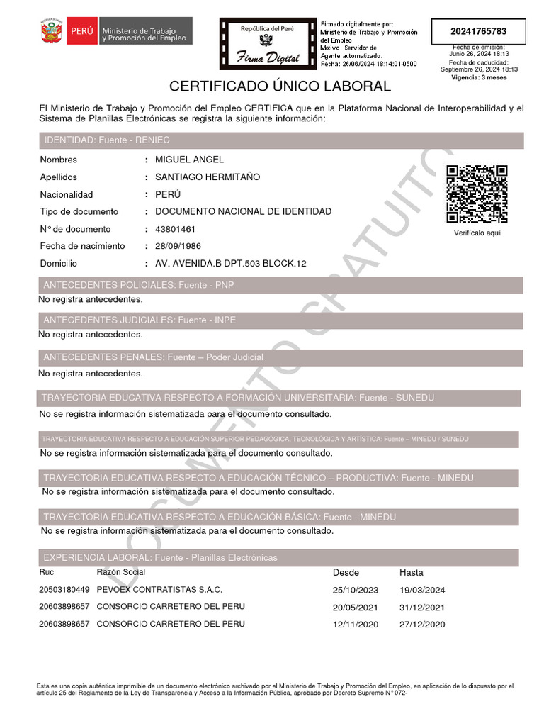Certi Adulto Miguel | PDF | Documento de identidad | Derecho laboral