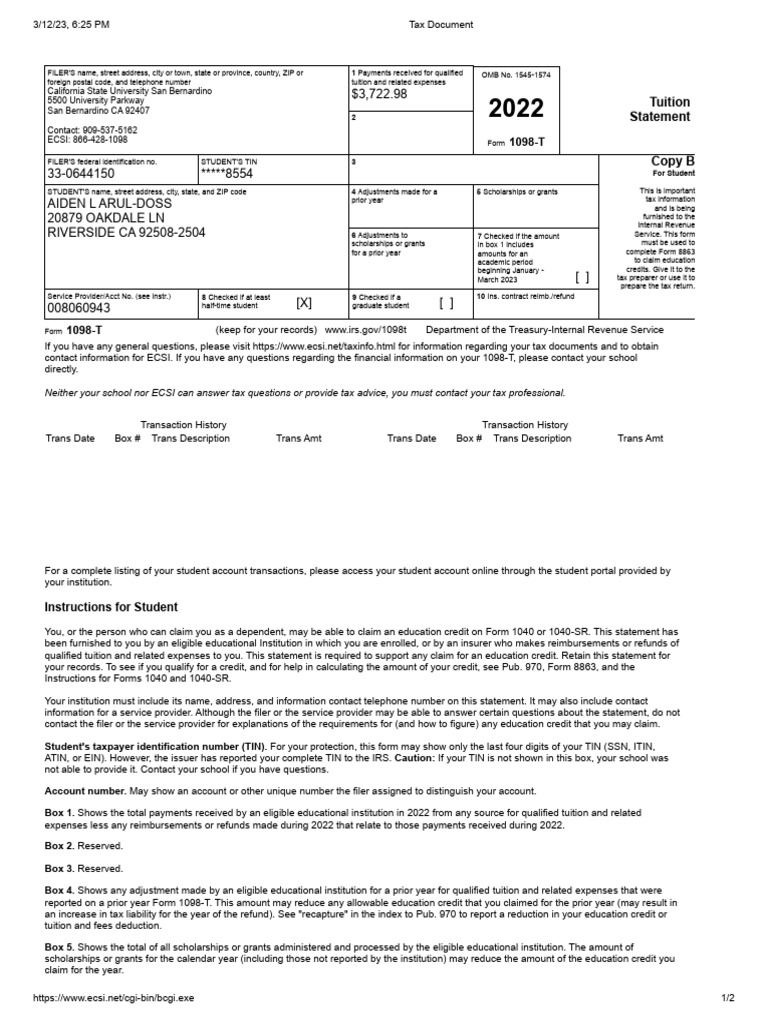 1098-t Form Csusb | PDF | Tax Deduction | Expense