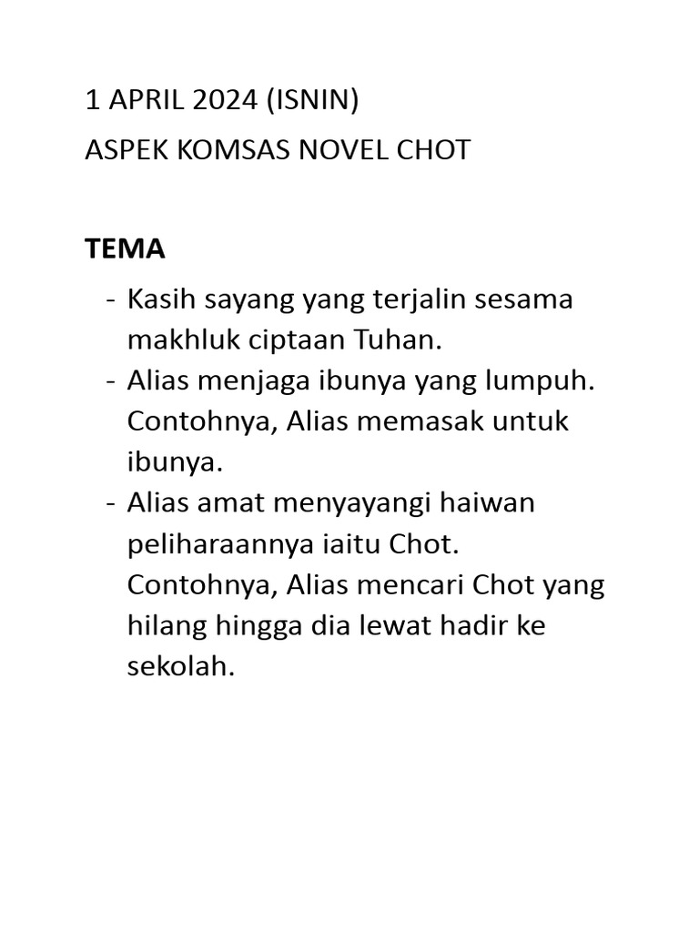 1 April 2024 Aspek Komsas Novel Chot | PDF