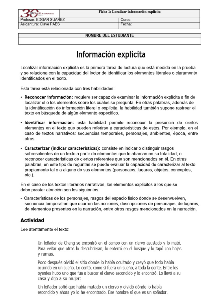 Ficha 1 Clave PAES Información Explicita | PDF | Narración | Información