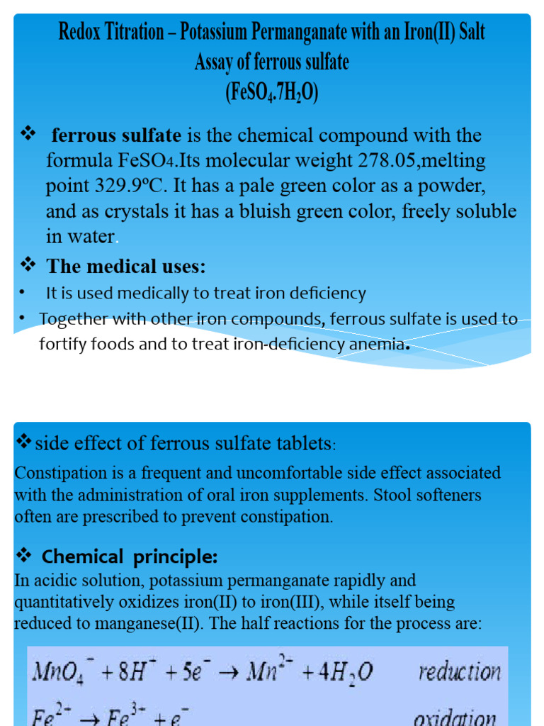 Assay of Ferrous Sulfate (FeSO4.7H2O) | PDF | Redox | Titration