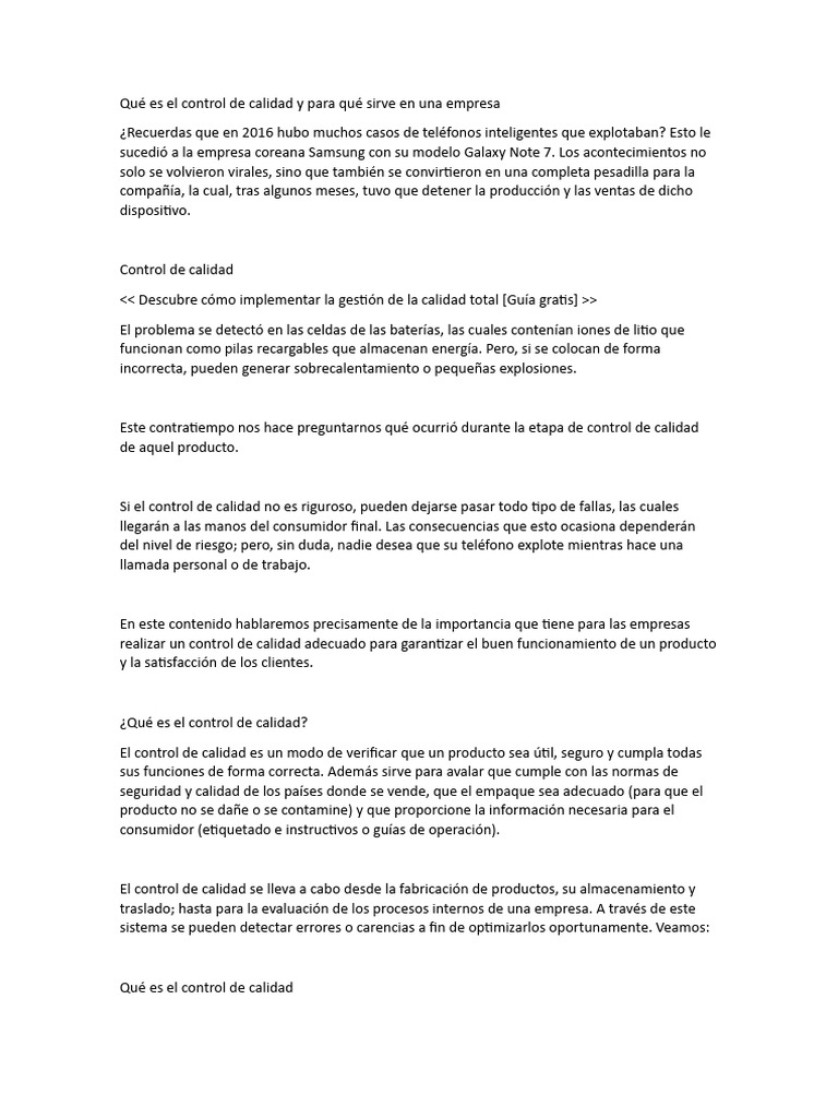 Qué es el control de calidad y para qué sirve en una empresa | PDF ... Qué es el control de calidad y para qué sirve en una empresa | PDF ...