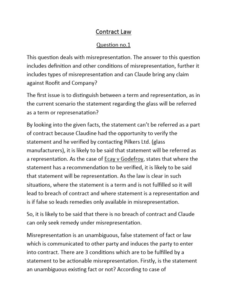 Contract Law (Misrepresentation) | PDF | Misrepresentation | Consent Contract Law (Misrepresentation) | PDF | Misrepresentation | Consent
