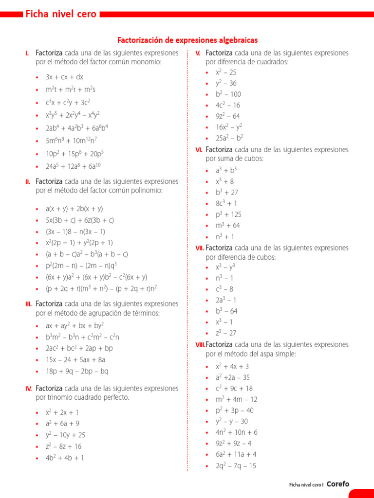 Ficha Cero - Factorización de Expresiones Algebraicas | PDF | Factorización | Álgebra