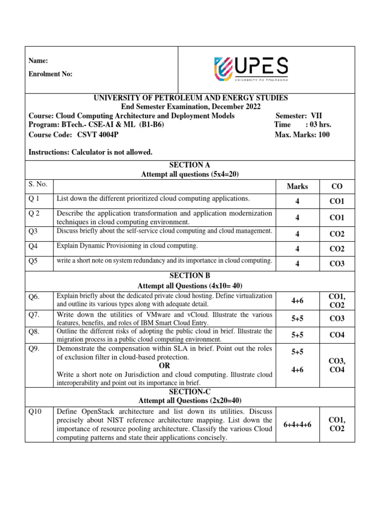 Set-2 ESE Dec22 B TECH (CSE+CSF) (Hons.) VII CSVT4004P Cloud Architecture & Deployment Models ...