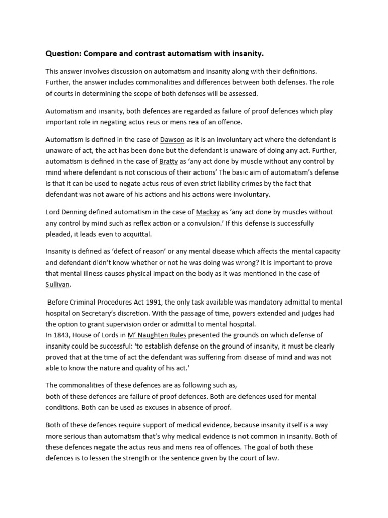 Automatism and Insanity (1) | PDF | Insanity Defense | Misconduct Automatism and Insanity (1) | PDF | Insanity Defense | Misconduct