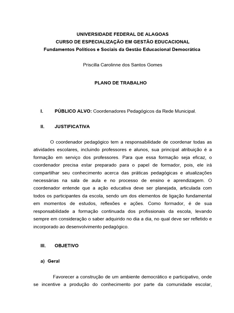 Atividade 2 - Plano de Trabalho - Coordenador Pedagógico%2 | PDF | Pedagogia | Aprendizado