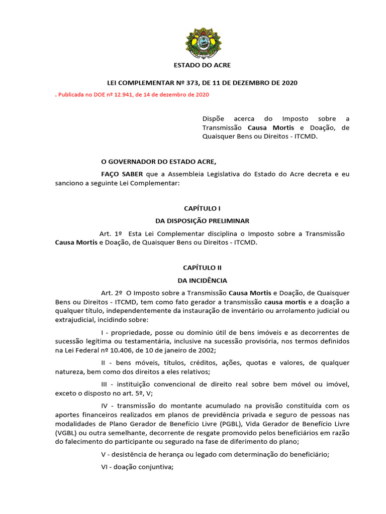 ITCMD no Acre: Lei Complementar 373/2020 | PDF | Imposto sobre herança ...