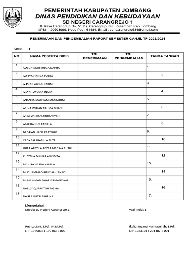 Daftar Penerimaan Dan Pengembalian Rapor | PDF
