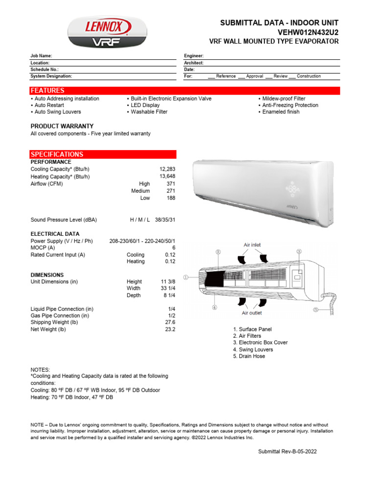 Lennox-VRF Submittals IDU VEHW012N432P2 2GEN STD | PDF | Air ...