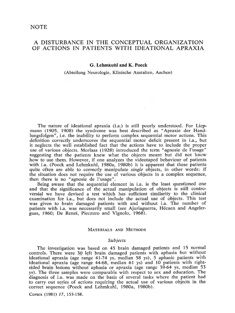 Ideational Apraxia: Action Sequence Disturbance | PDF | Brain ...