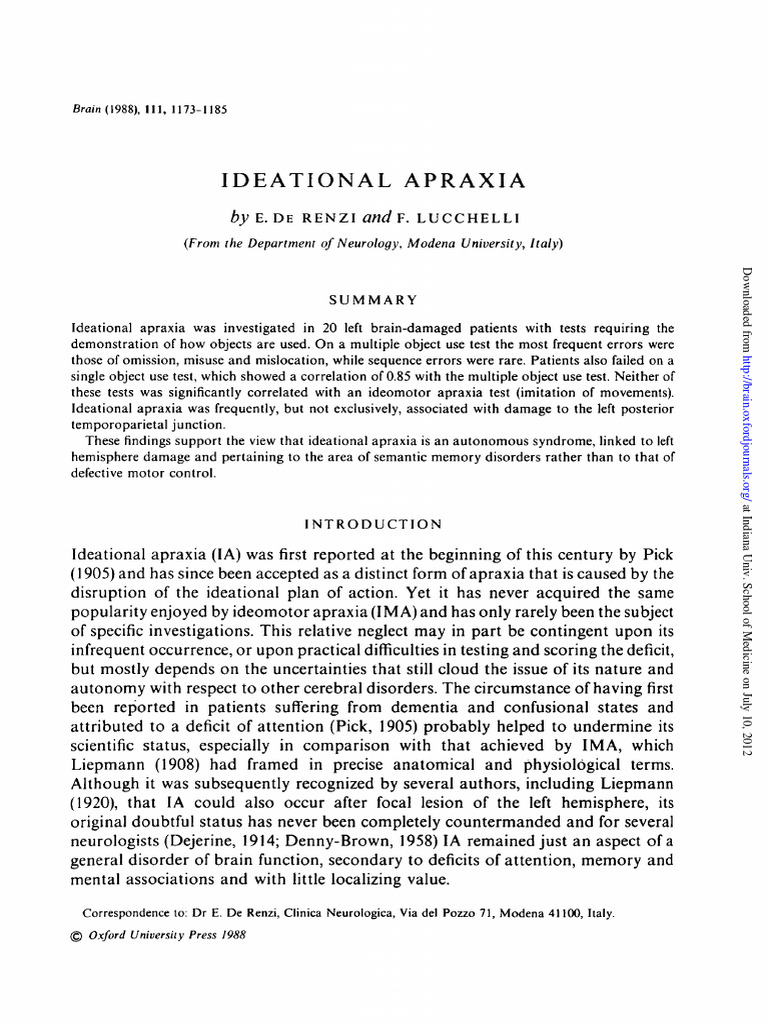 Ideational Apraxia in Left Brain Damage | PDF | Neuroscience | Nervous ...