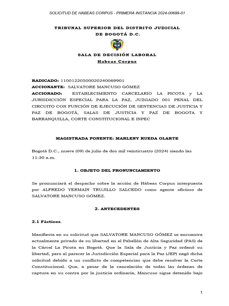 Tribunal Se Abstuvo de Estudiar Habeas Corpus de Mancuso | PDF | Habeas corpus | Judicaturas