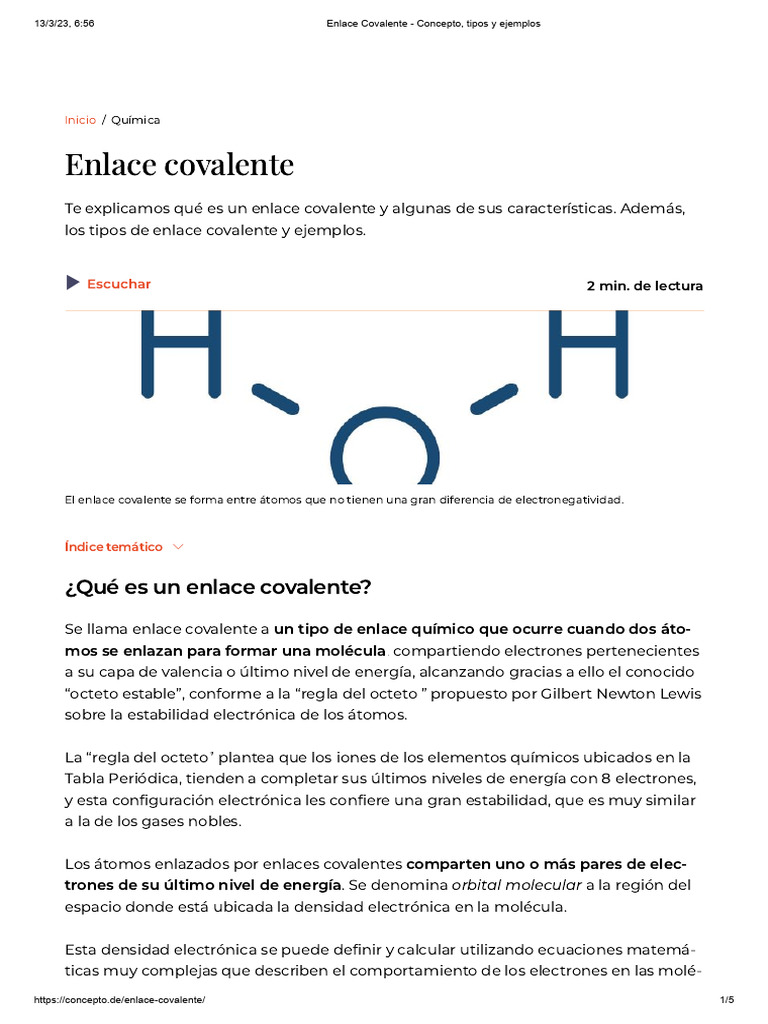 Enlace Covalente - Concepto, tipos y ejemplos | Descargar gratis PDF ...