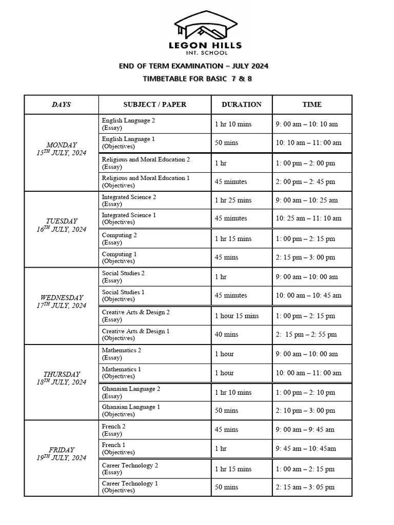 Examination Timetable (JHS) | PDF | Essays