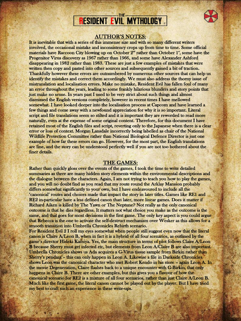 Authors Notes | PDF | Resident Evil