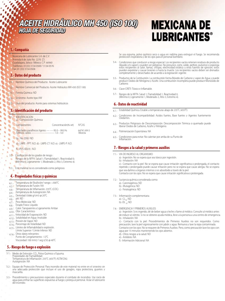 Aceite hidraulico MH 450 (ISO 100) | PDF | Agua | Combustión