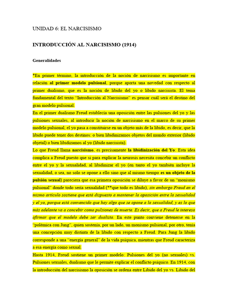 Unidad 6 Narcisismo | PDF | Libido | Neurosis