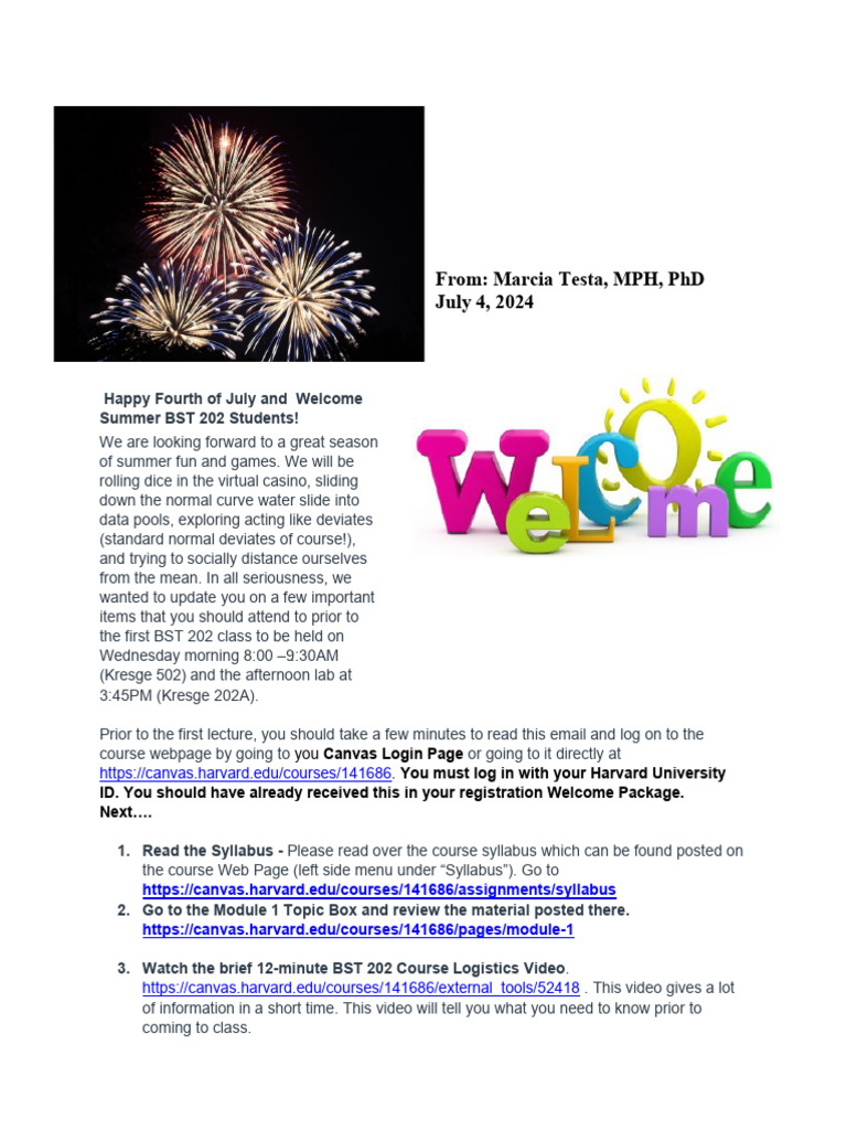 BST 202 Welcome Letter - 07 - 04 - 2024 | PDF | Textbook | Computing