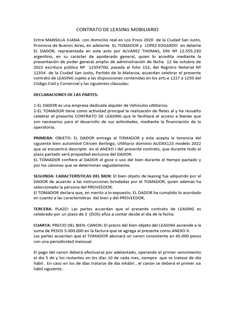 Contrato de Leasing Mobiliario | PDF | Póliza de seguros | Derecho privado