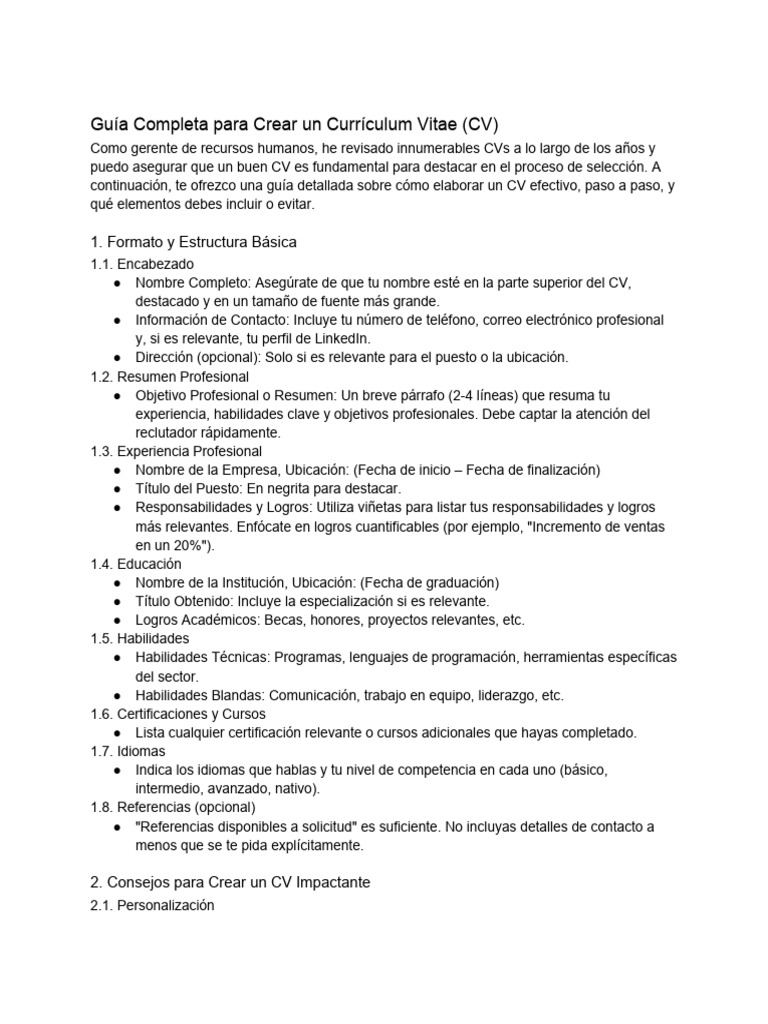 Guía Completa para Crear un Currículum Vitae (CV) | PDF ... Guía Completa para Crear un Currículum Vitae (CV) | PDF ...