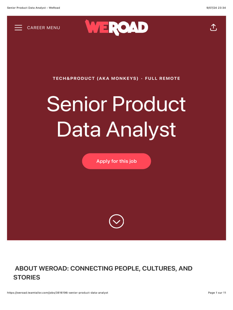 Senior Product Data Analyst - WeRoad | PDF | Analytics | Methodology Senior Product Data Analyst - WeRoad | PDF | Analytics | Methodology