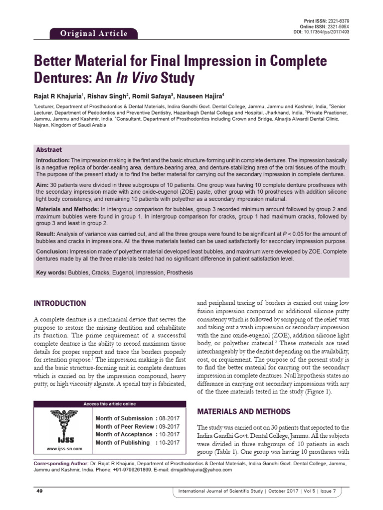 Better Material For Final Impression in Complete | PDF | Prosthodontics ...