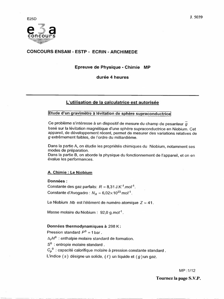 E3A MP 2003 Physique Chimie Enonce | PDF
